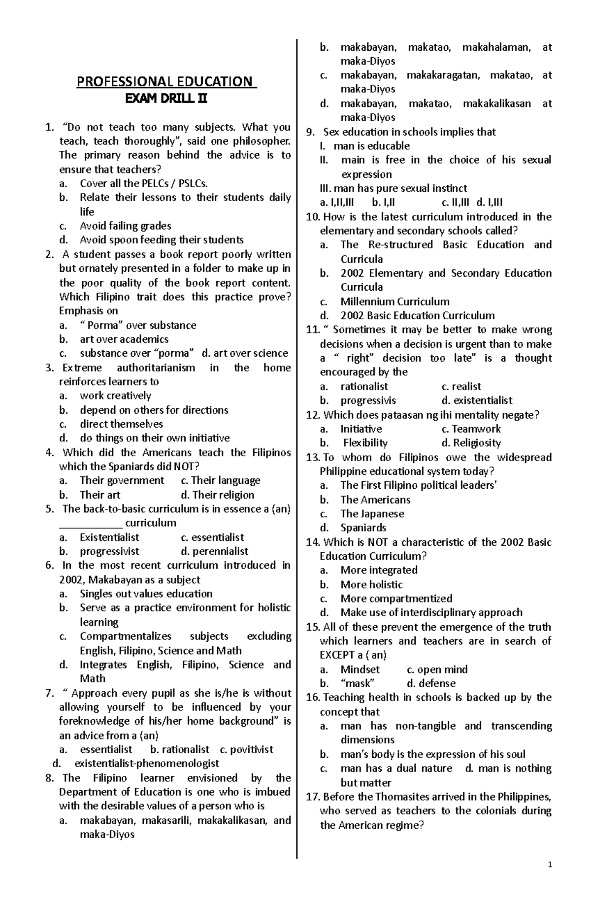 PROF ED 4 - review paper - PROFESSIONAL EDUCATION EXAM DRILL II “Do not ...