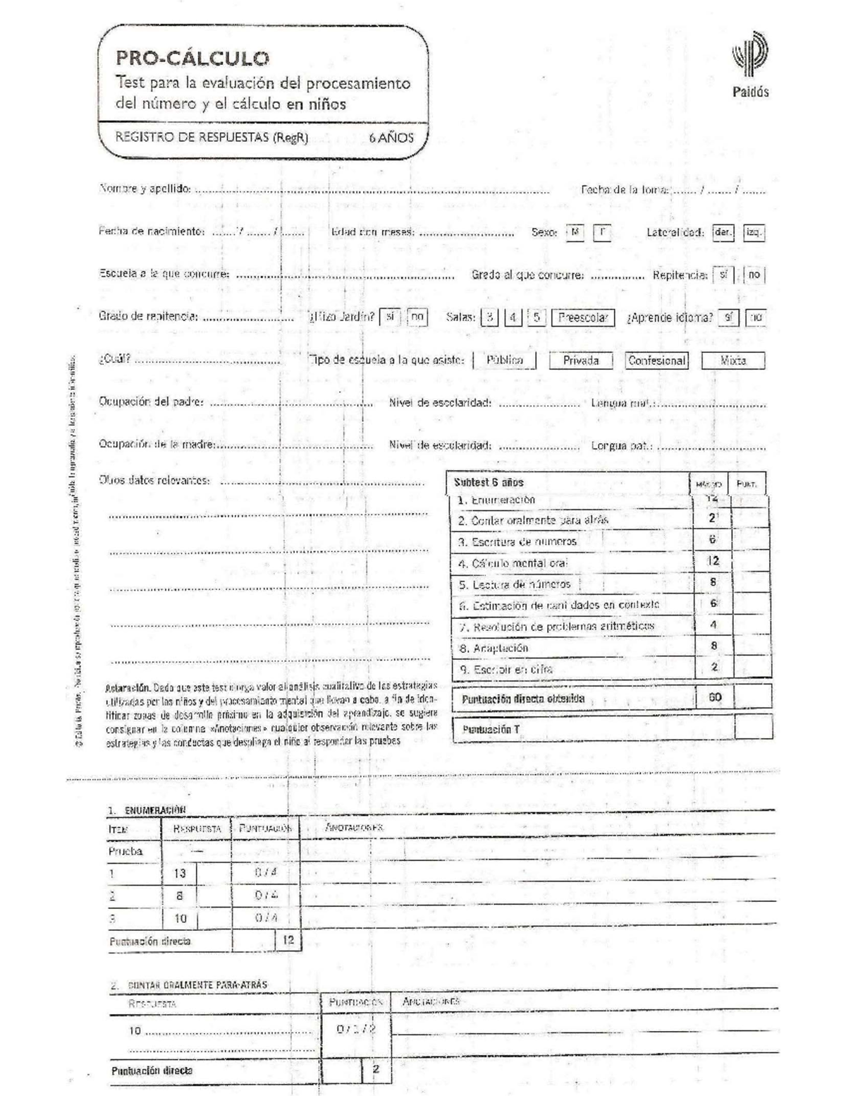 8 Registro de Respuestas Test (Pro-Cálculo) (6 Años) - Psicopedagogia ...