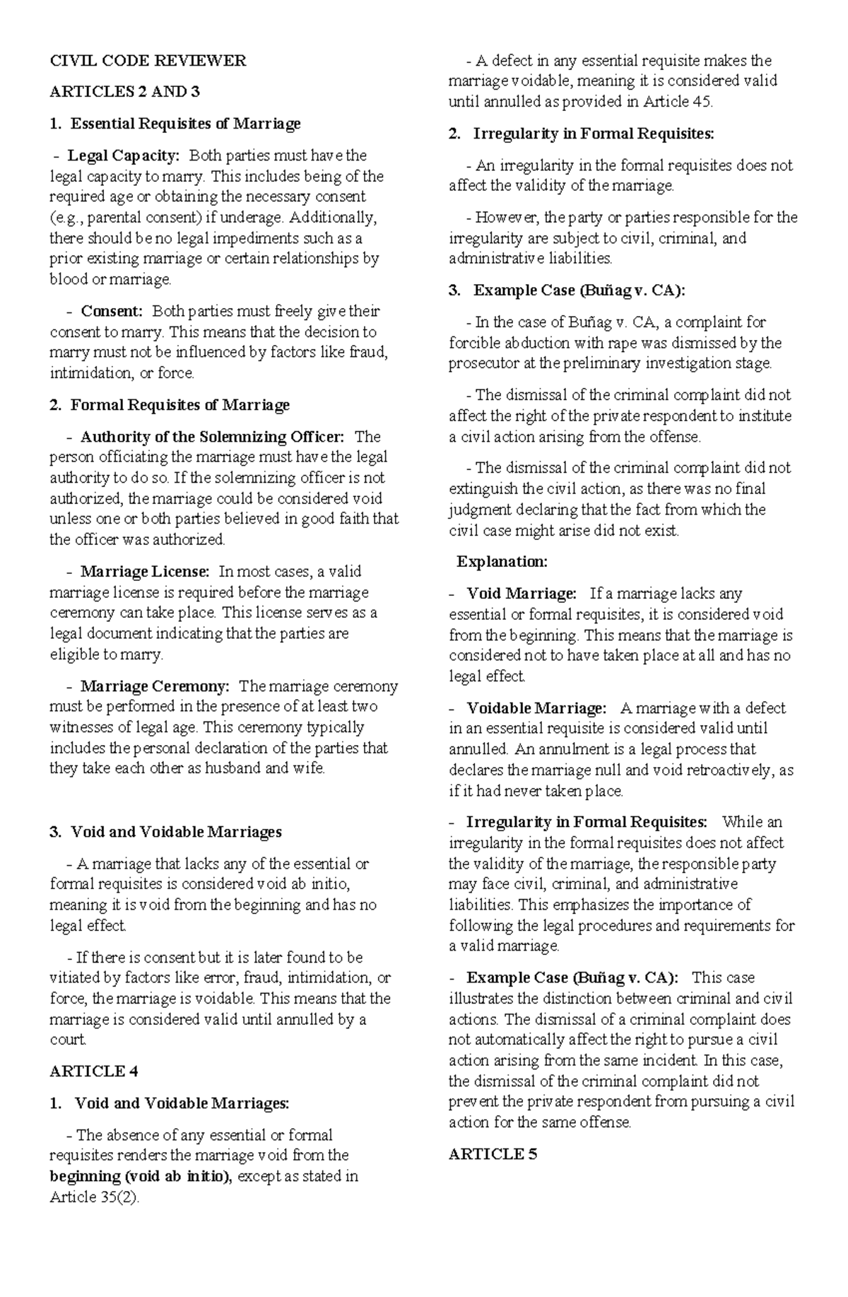 Civlaw Transes - Notes in Marriage - CIVIL CODE REVIEWER ARTICLES 2 AND ...