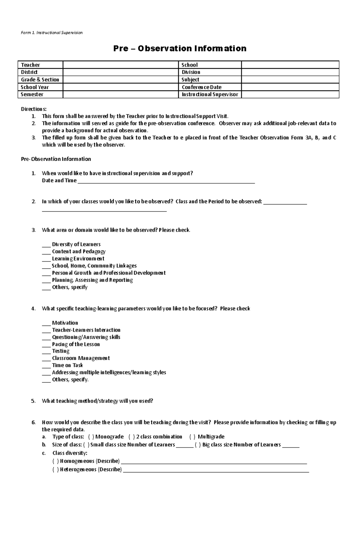 Form 1 pre observation - Form 1. Instructional Supervision Pre ...