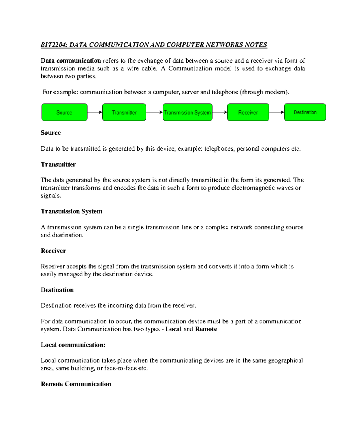 BIT2204 Revision Notes - BIT2204: DATA COMMUNICATION AND COMPUTER ...