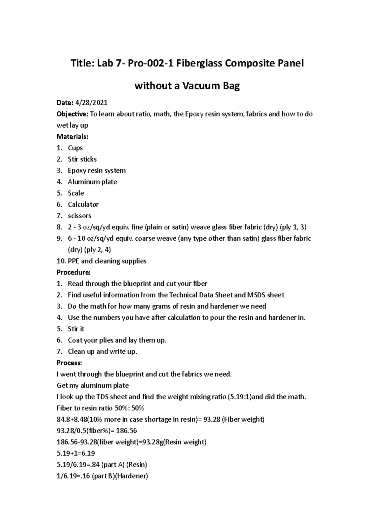 Lab 7- Pro-002-1 Fiberglass Composite Panel without a Vacuum Bag ...