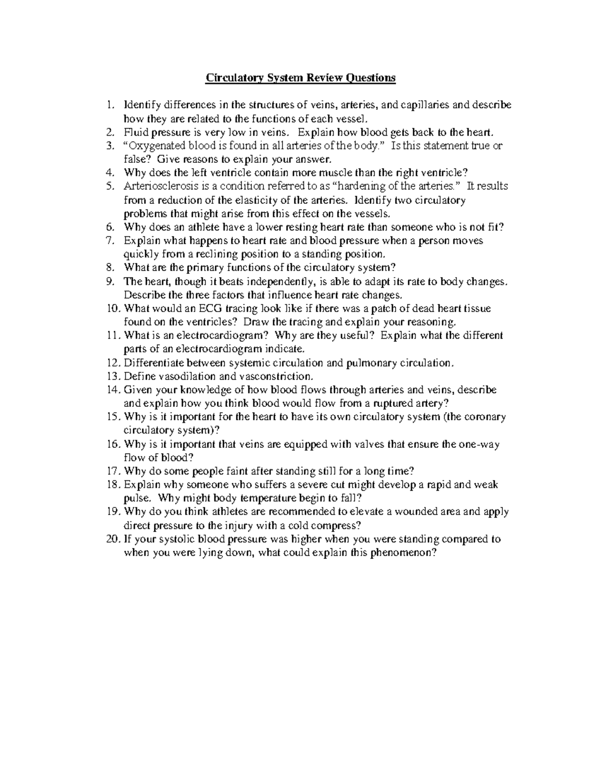 Circulatory System Review Questions 1 - Circulatory System Review ...