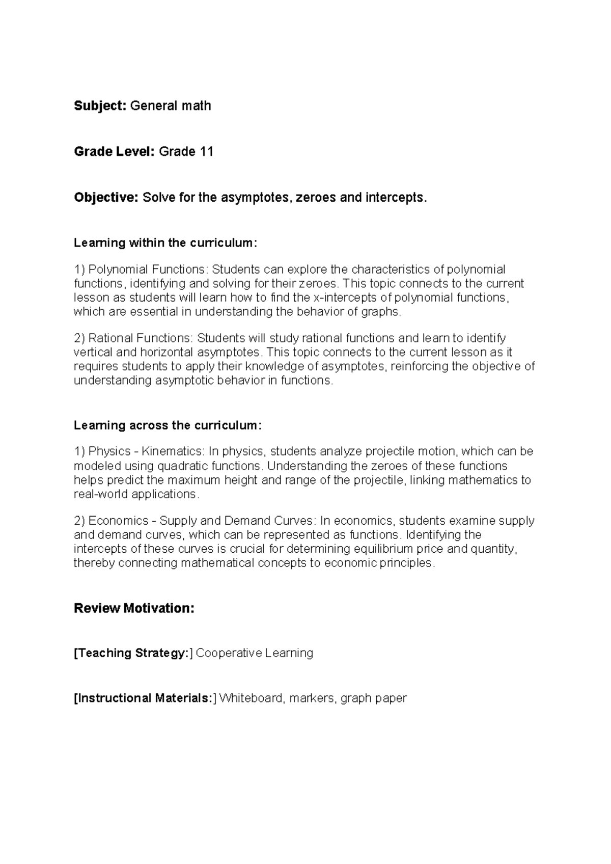 Lesson plan - LP MATH - Subject: General math Grade Level: Grade 11 ...