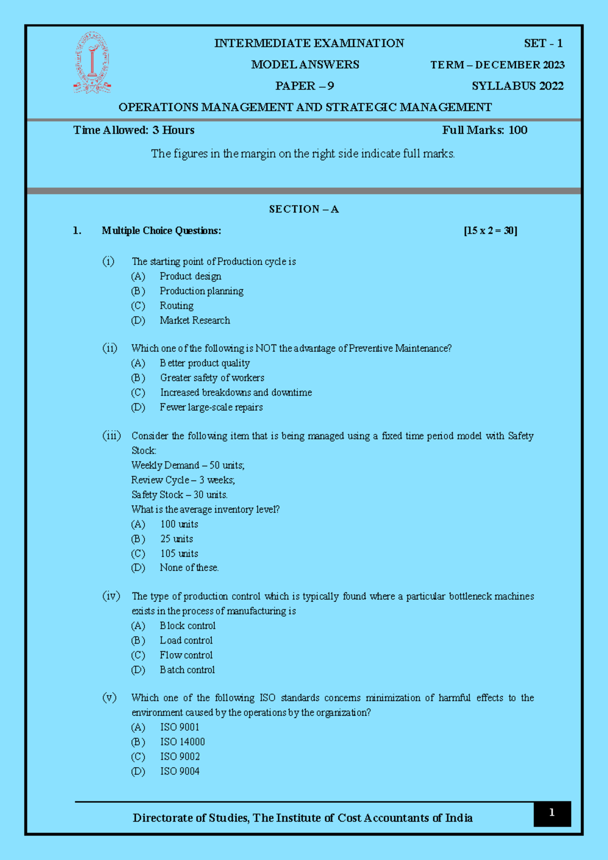 Dec 2023 OSM syllabus 2022 Model qp answer key set-1 - MODEL ANSWERS TERM – DECEMBER 2023 PAPER ...