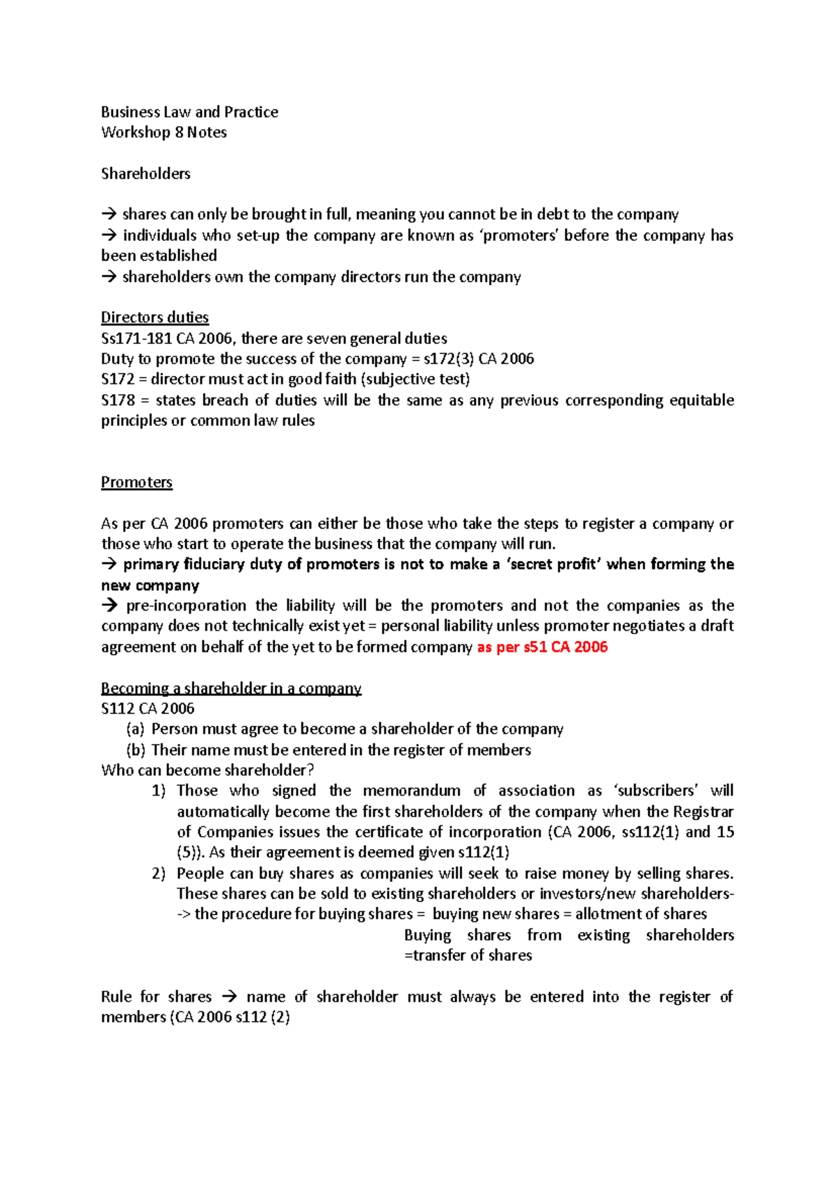 Workshop 8 notes - Business Law and Practice Workshop 8 Notes ...