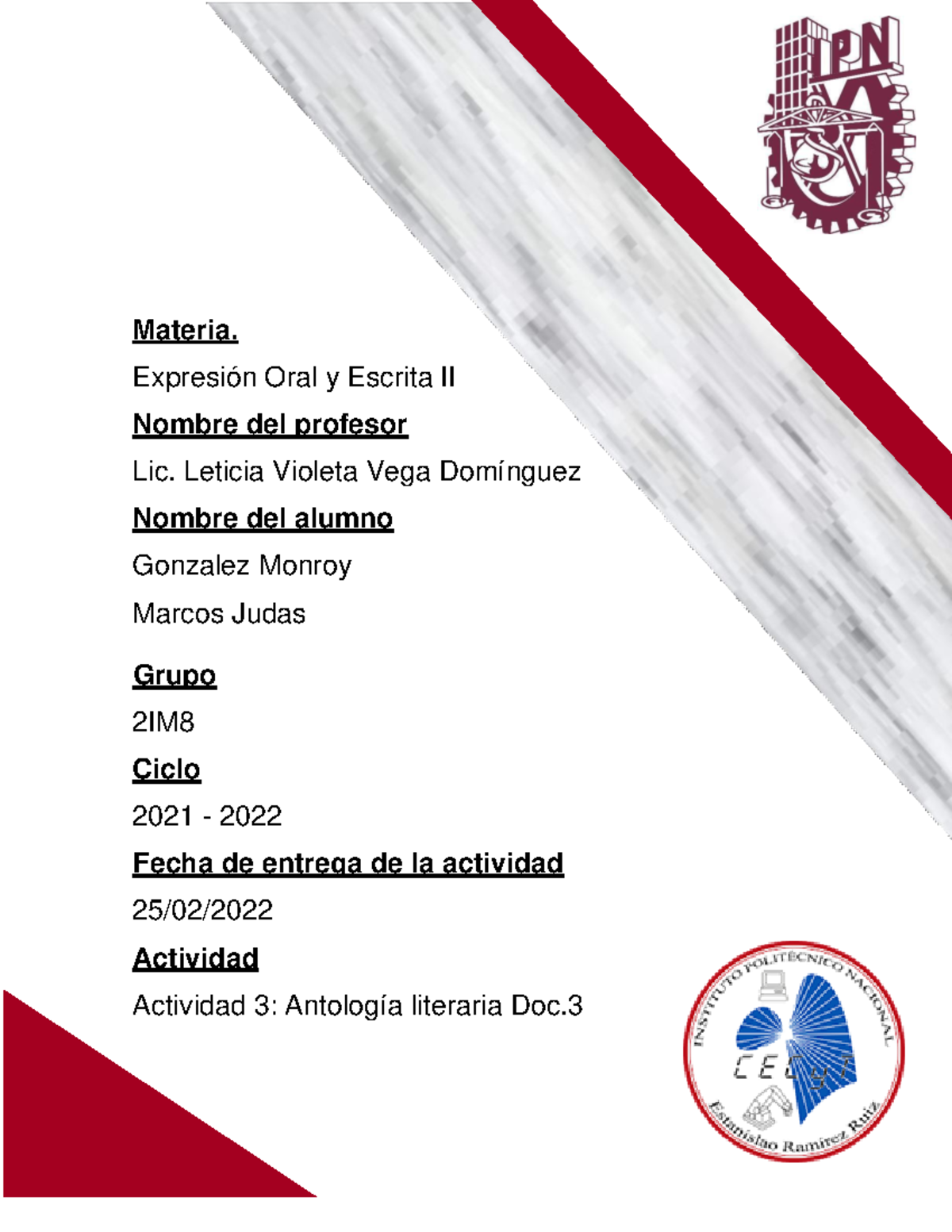 Actividad 3 Antologia literaria Doc. No 3 ASG - Materia. Expresión Oral ...