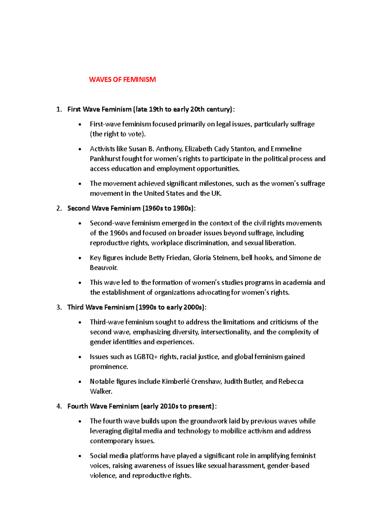 Waves OF Feminism - WAVES OF FEMINISM 1. First Wave Feminism (late 19th ...