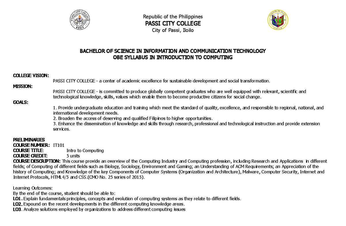 Rcap syllabus IT101 intro to computing final - Republic of the ...