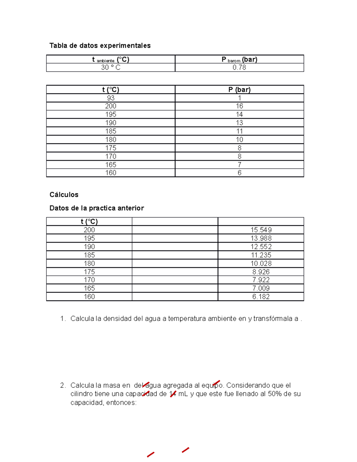 Calculos practica 4 - Tabla de datos experimentales t ambiente (°C) P ...