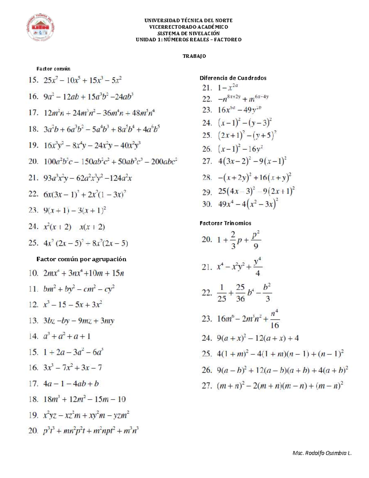 4 Taller - Factoreo - Matemáticas - Msc. Rodolfo Quimbia L. UNIVERSIDAD ...
