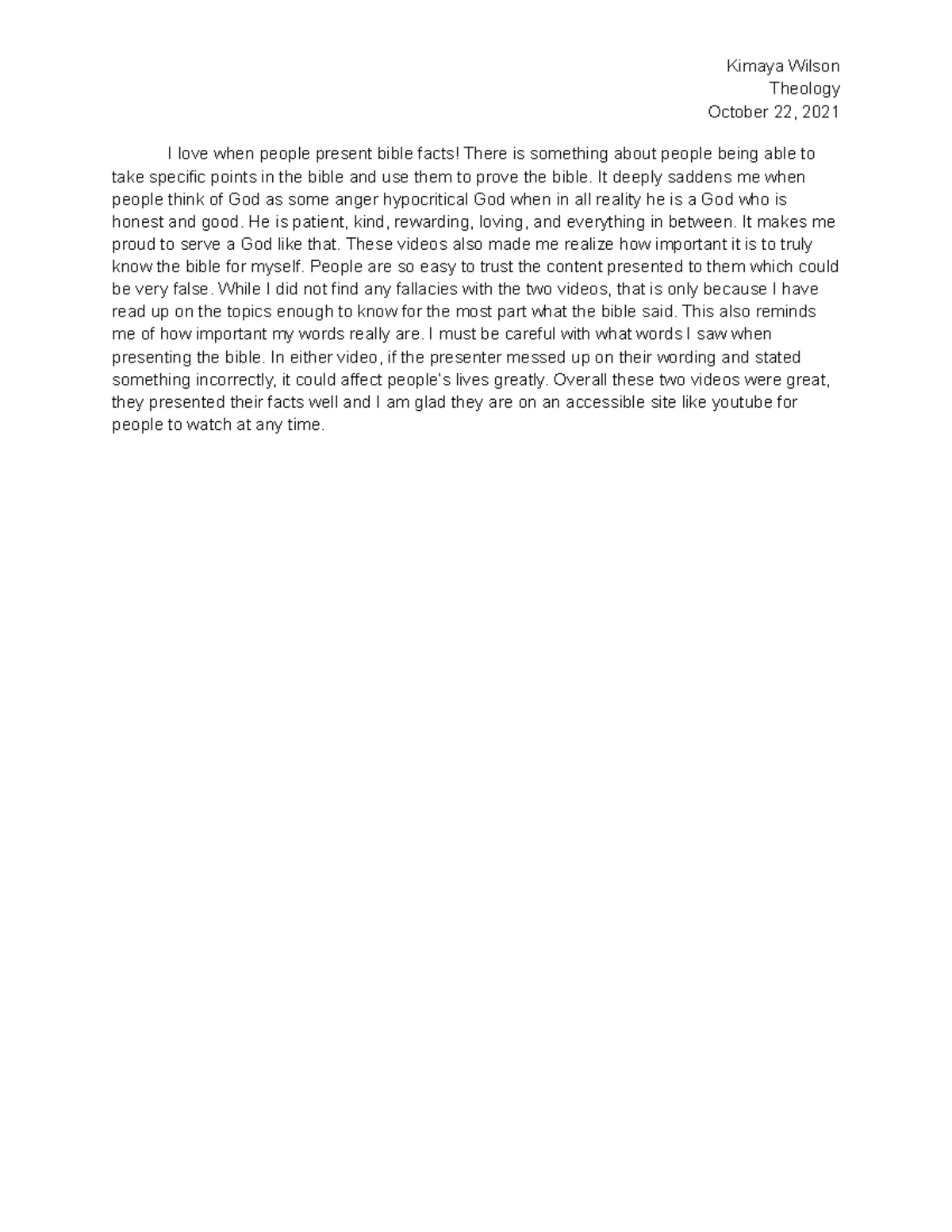 2 video reflection - Kimaya Wilson Theology October 22, 2021 I love ...