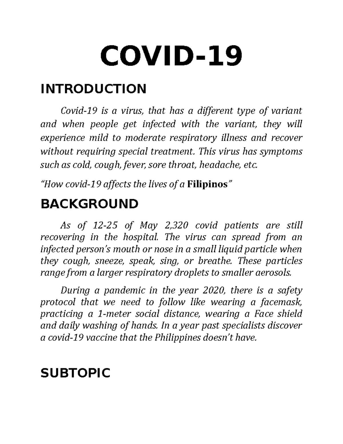 Covid 19 Research Report Grade 10 - COVID- INTRODUCTION Covid-19 is a ...