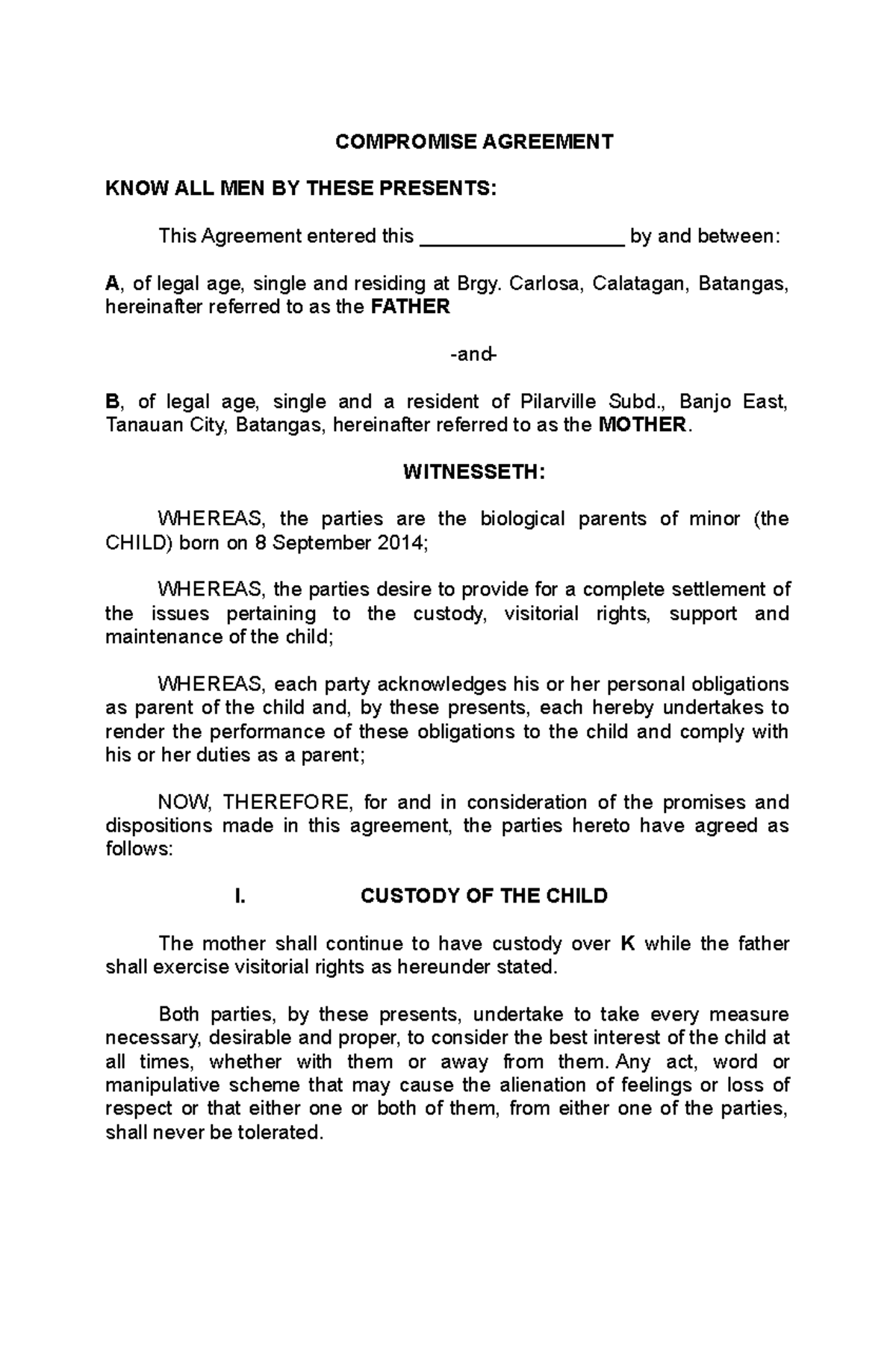 Compromise Agreement On Support COMPROMISE AGREEMENT KNOW ALL MEN BY
