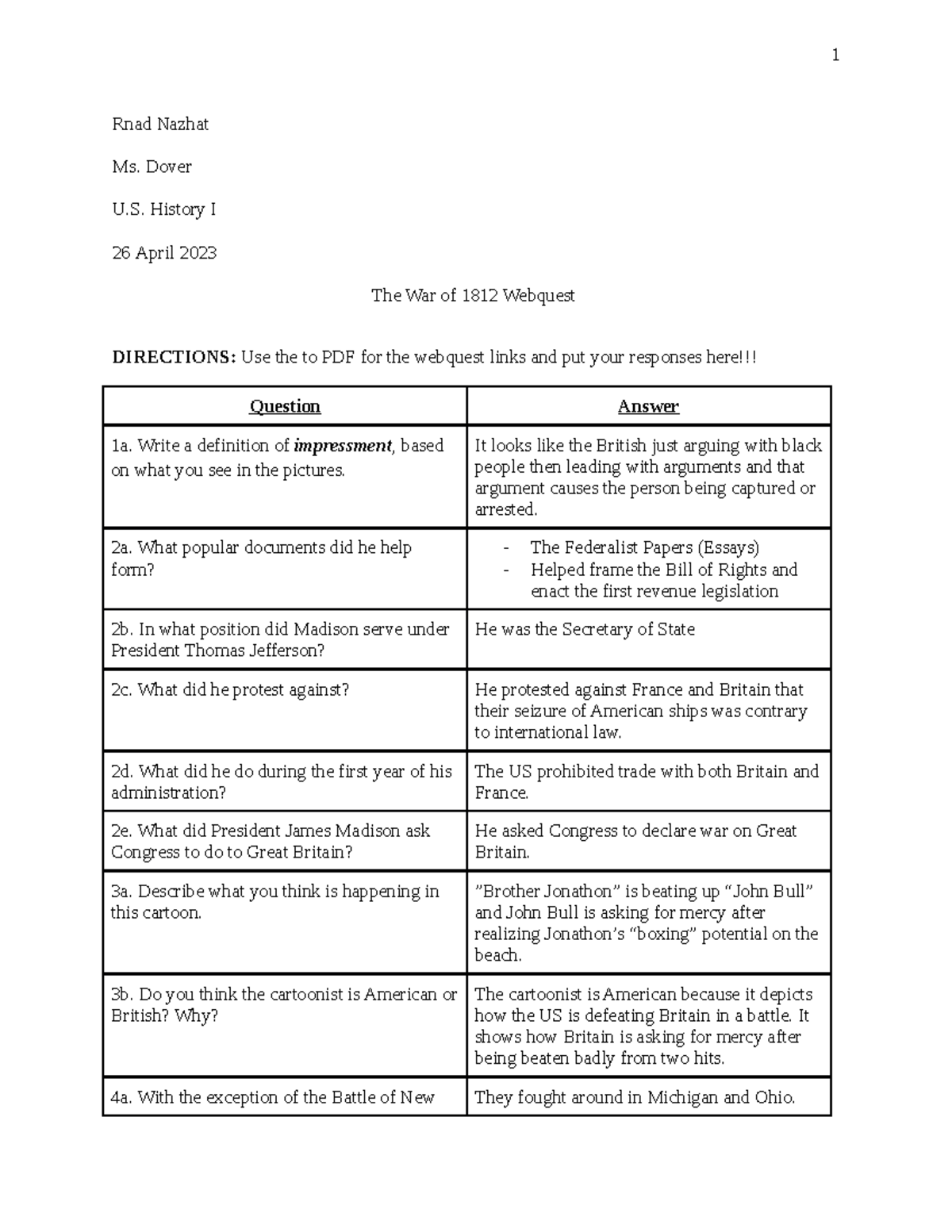 The War of 1812 Webquest - 1 Rnad Nazhat Ms. Dover U. History I 26 ...