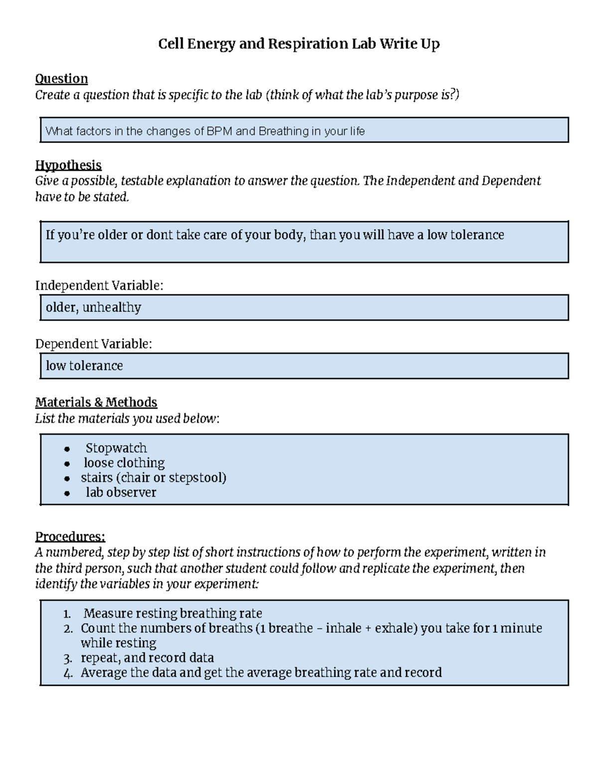 primavera 10B cell and energy respiration write up 2024-2025 - Cell Energy and Respiration Lab ...