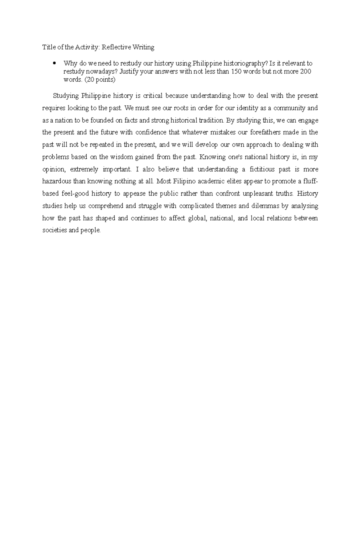 Rph essay - module - Title of the Activity: Reflective Writing Why do we need to restudy our ...