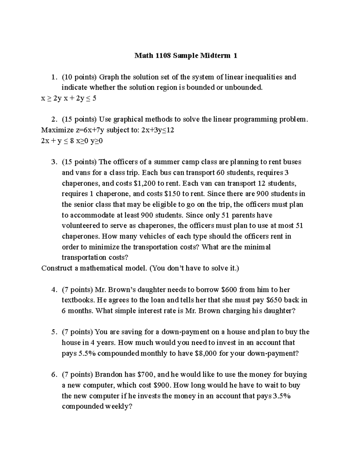 Math 1108 Sample Midterm 1 - Math 1108 Sample Midterm 1 (10 points ...