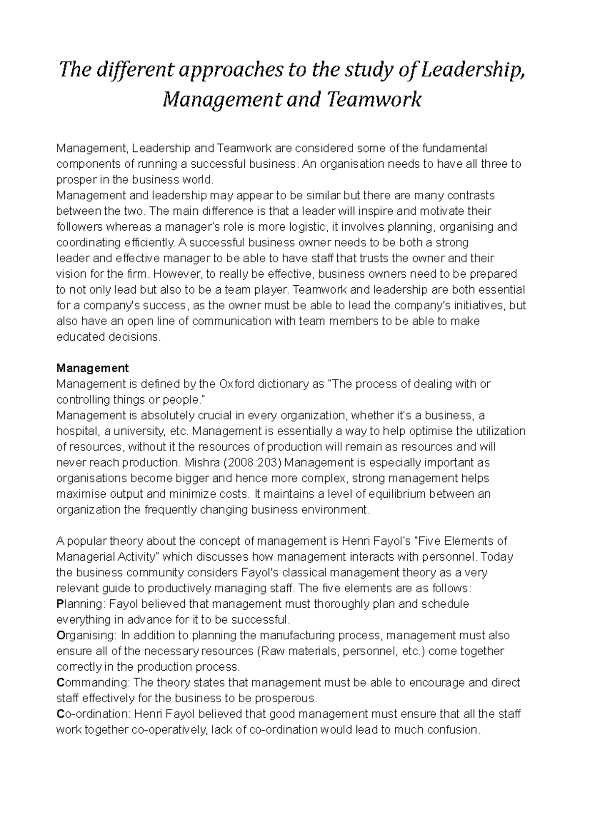 Different Approaches to Leadership Management and Teamwork - Studocu