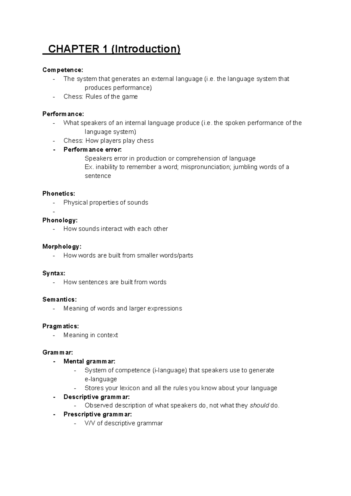 LING1001 Final Study Guide - CHAPTER 1 (Introduction) Competence: - The ...