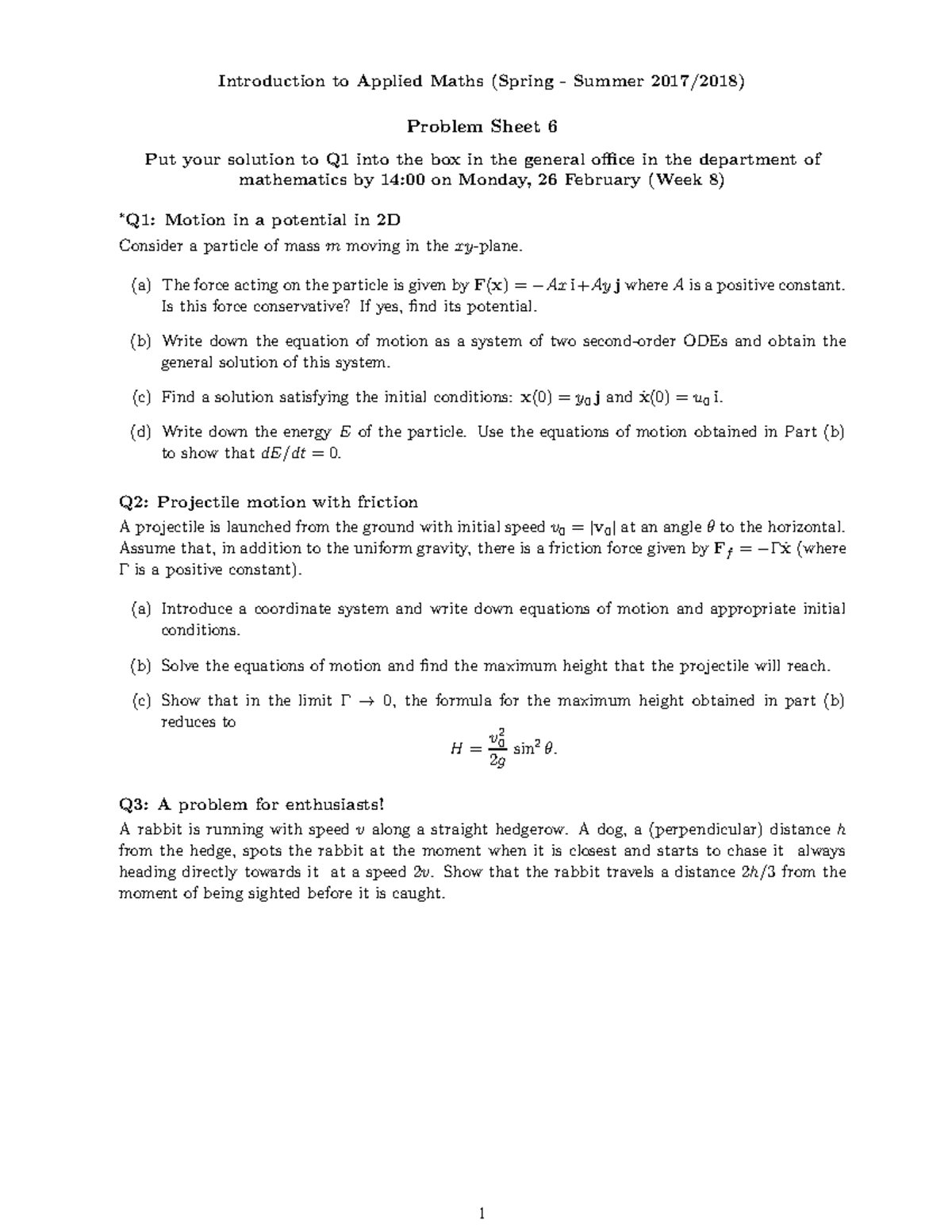 2018 IAM Problem Sheet 6 - Introduction to Applied Maths (Spring ...