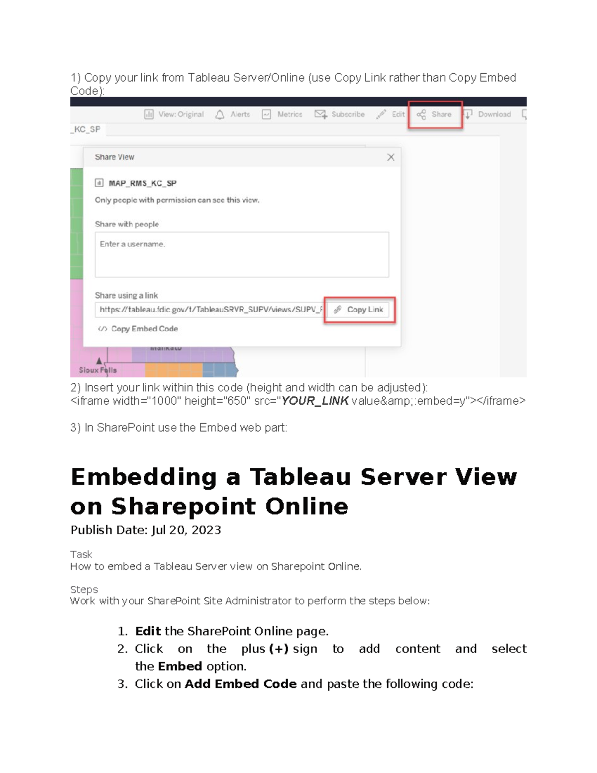 Sharepoint Configuraton for Tableau - 1) Copy your link from Tableau Server/Online (use Copy ...