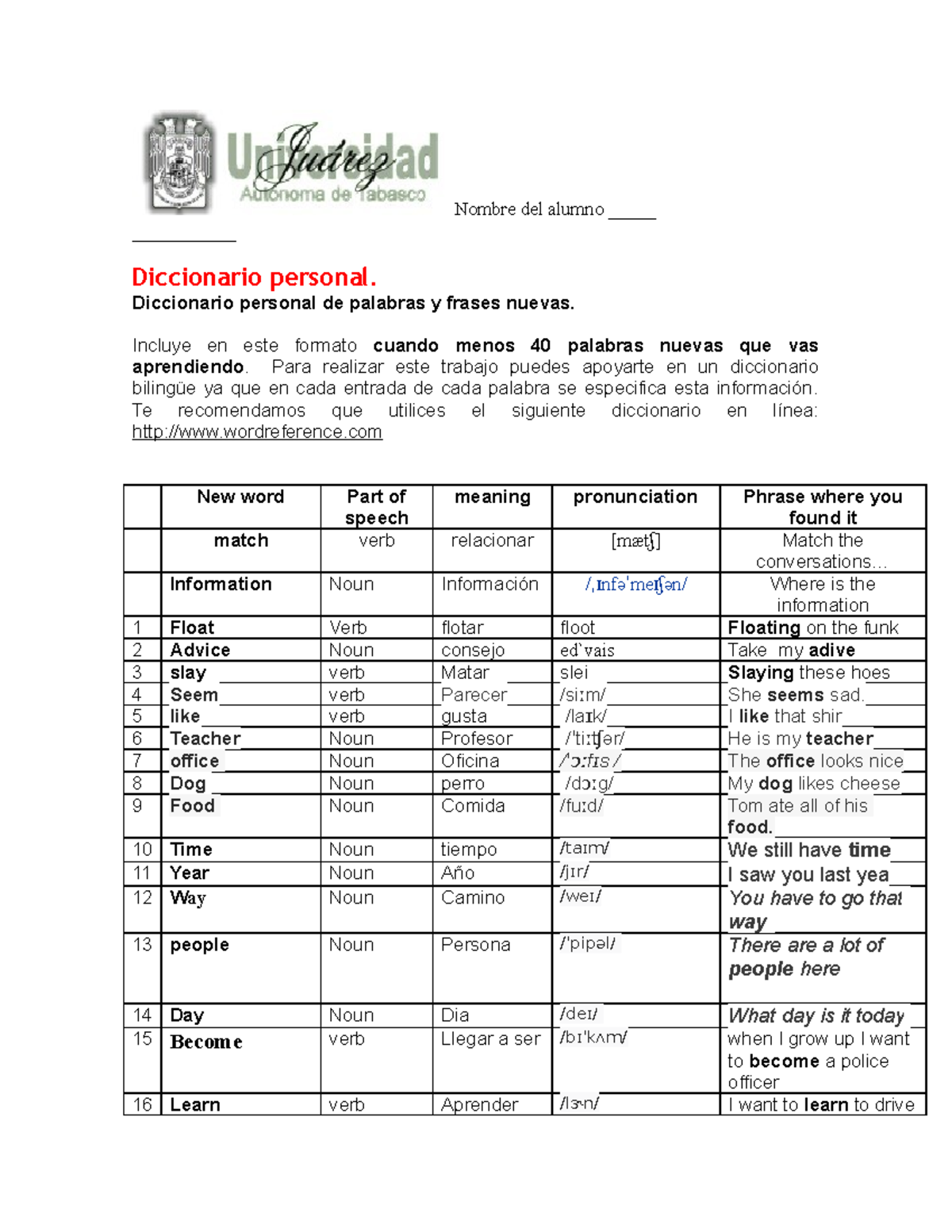 Anexo 36 diccionario personal U3. - Nombre del alumno _____ Diccionario ...