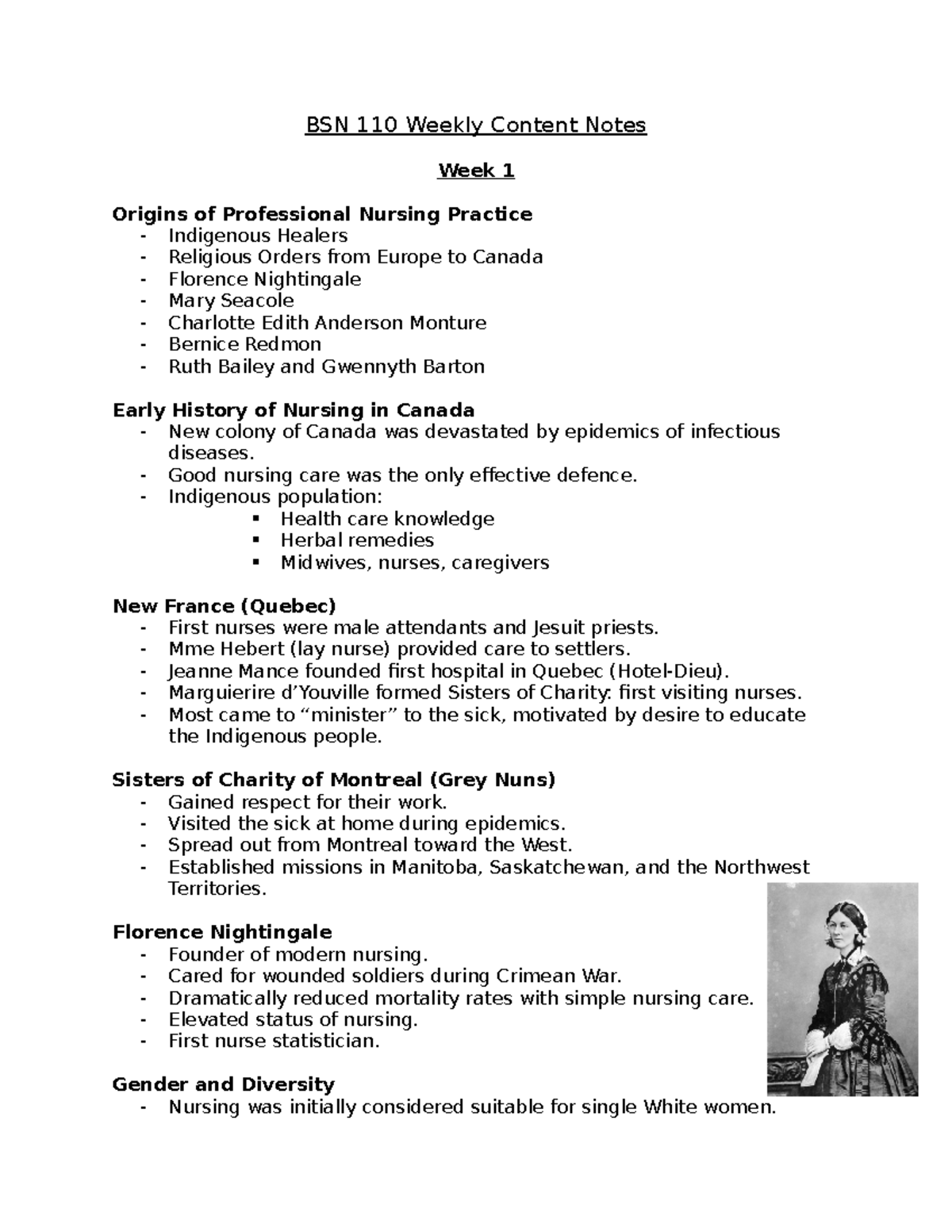 BSN 110 Weekly Content Notes - BSN 110 Weekly Content Notes Week 1 ...