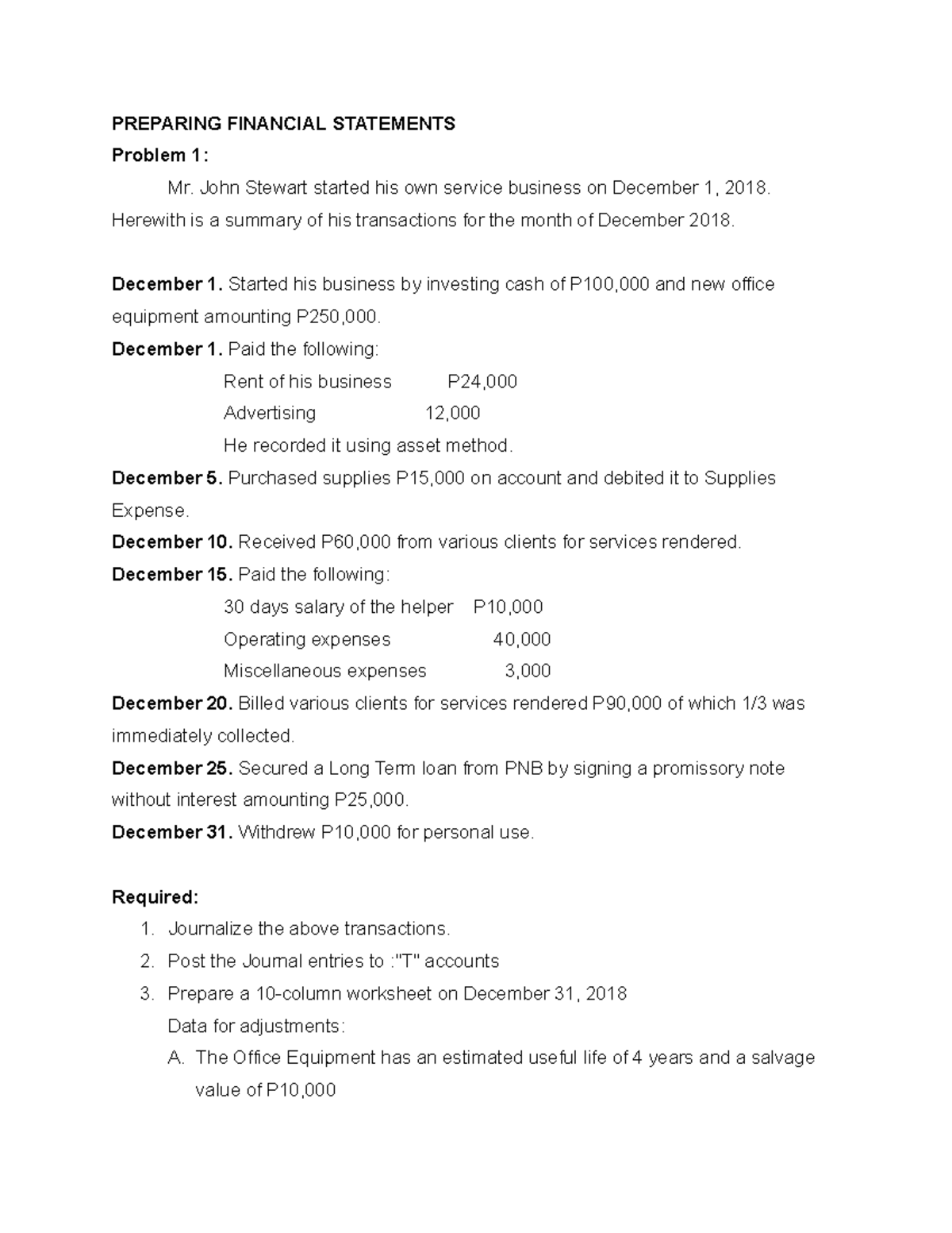 Accounting- Preparing Financial Statements- Exercise - PREPARING ...