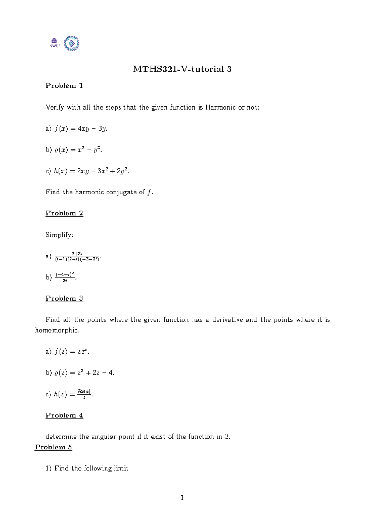 MTS312 tutorial 3 - Mths 312 turorial for the year 2024 Vaal Campus - MTHS321-V-tutorial 3 ...