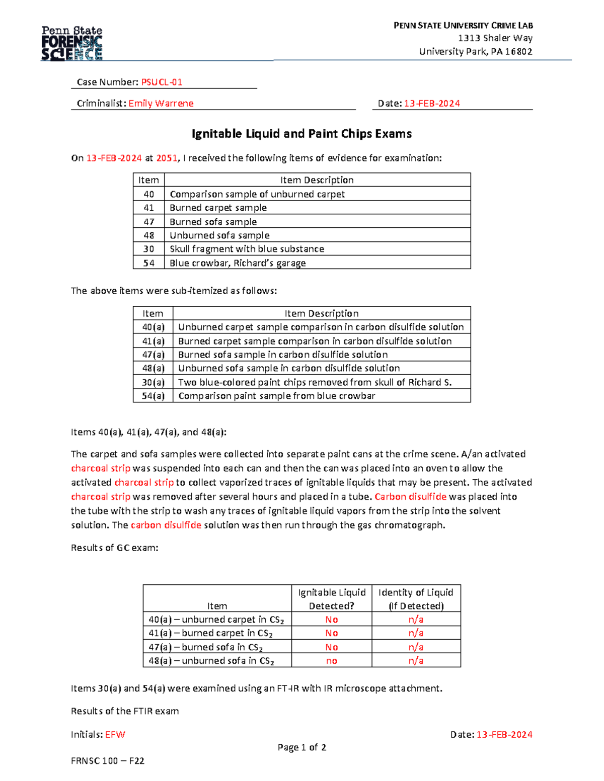 Forensics - PENN STATE UNIVERSITY CRIME LAB 1313 Shaler Way University ...