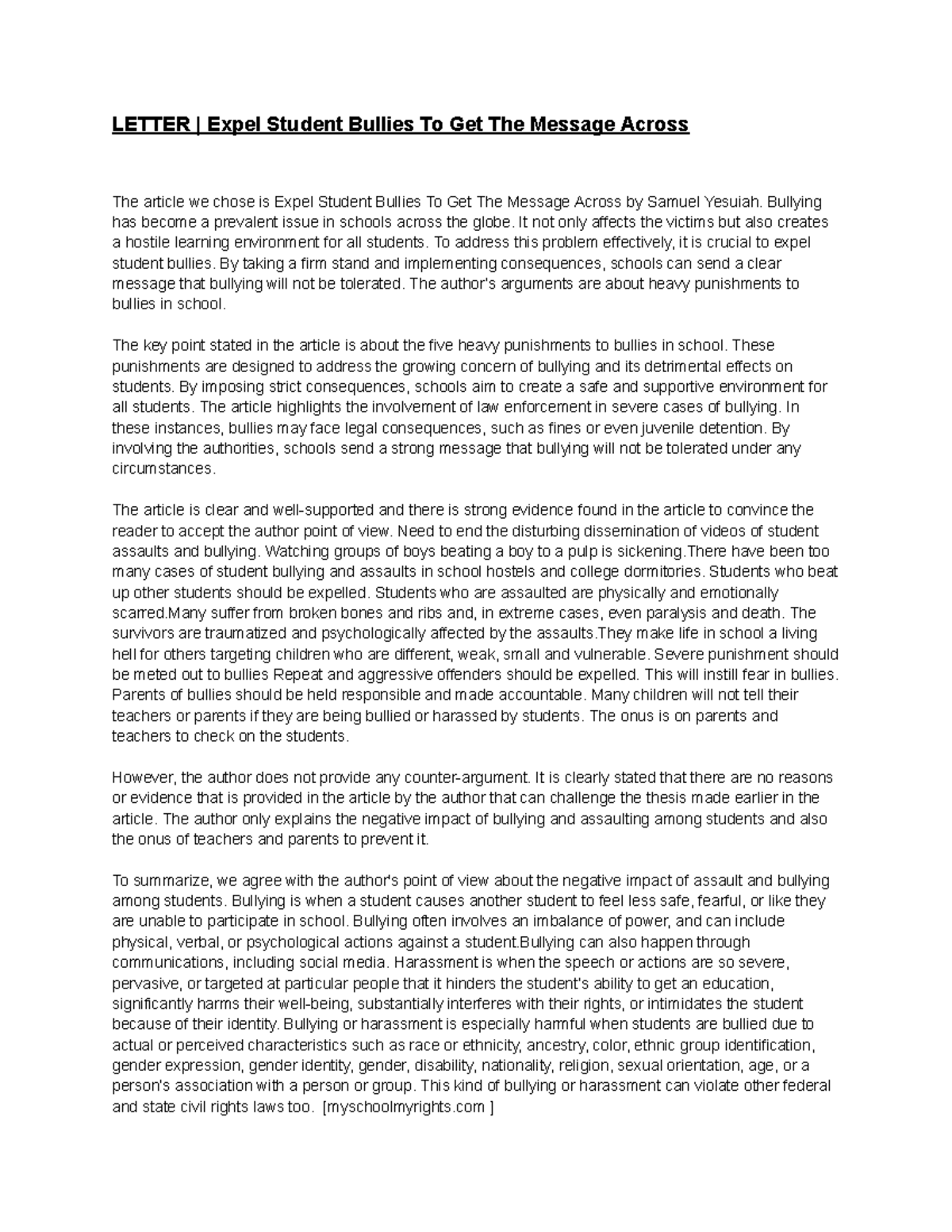 Letter Expel Student Bullies To Get The Message Across - Bullying has ...