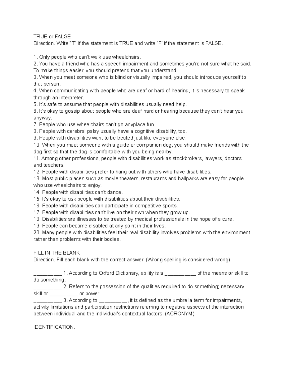 Ability (and Disability) as a Dimension of Diversity Quiz - TRUE or ...