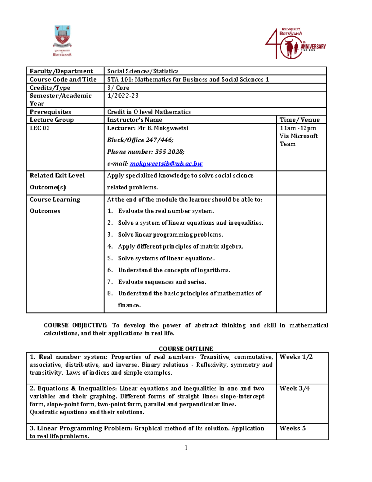 STA 101-Course outline Aug 2022 - 1 Faculty/Department Social Sciences/Statistics Course Code ...