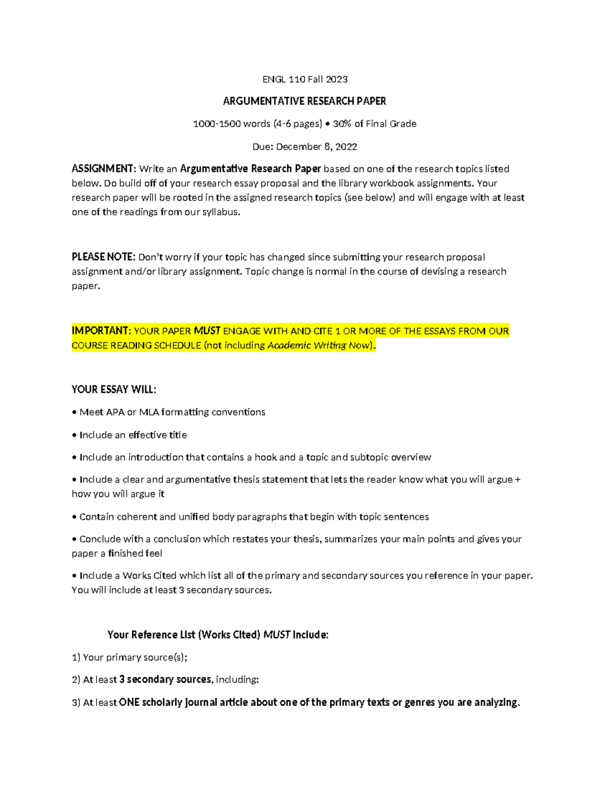 Argumentative Research Papers Guidelines - ENGL 110 Fall 2023 ...