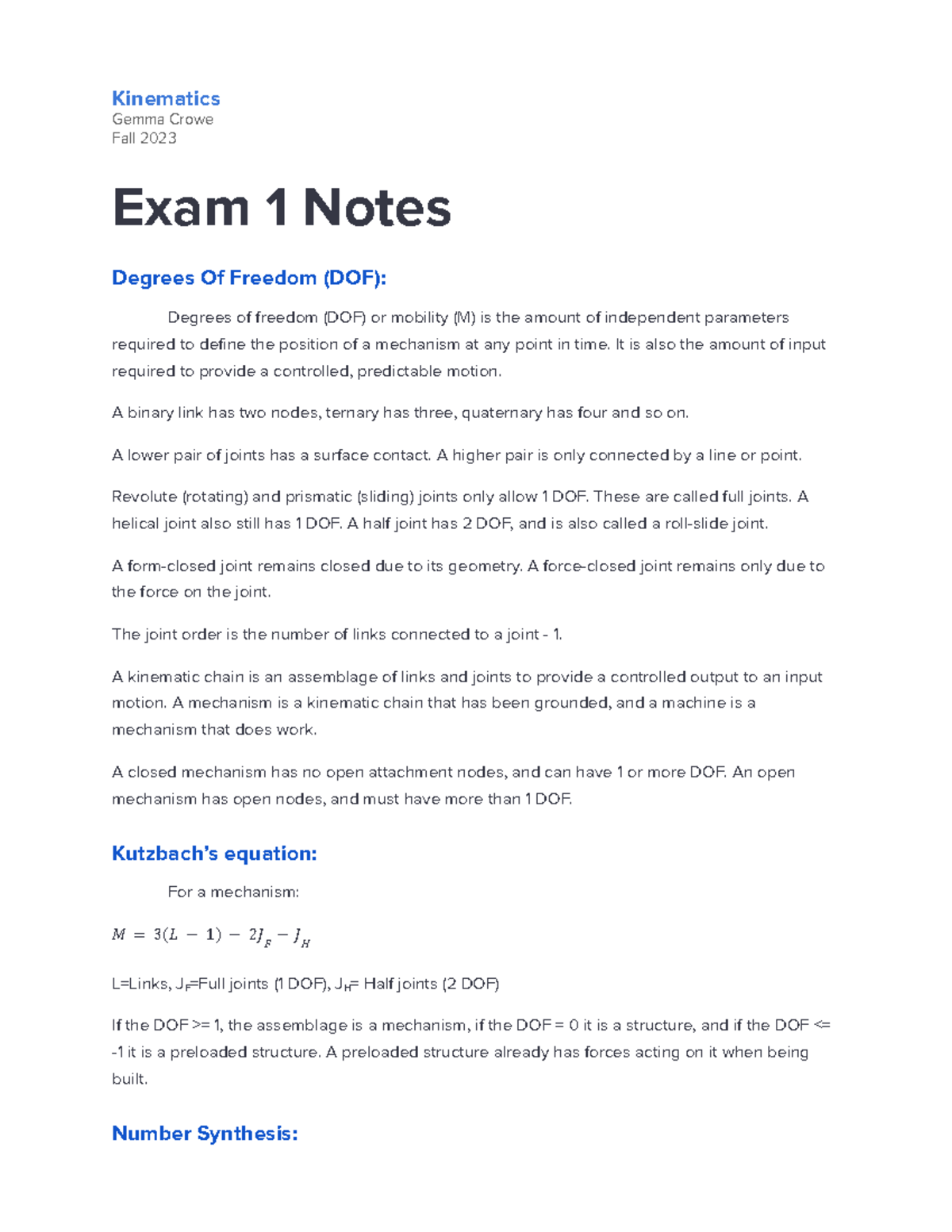 Exam 1 notes - Kinematics Gemma Crowe Fall 2023 Exam 1 Notes Degrees Of ...