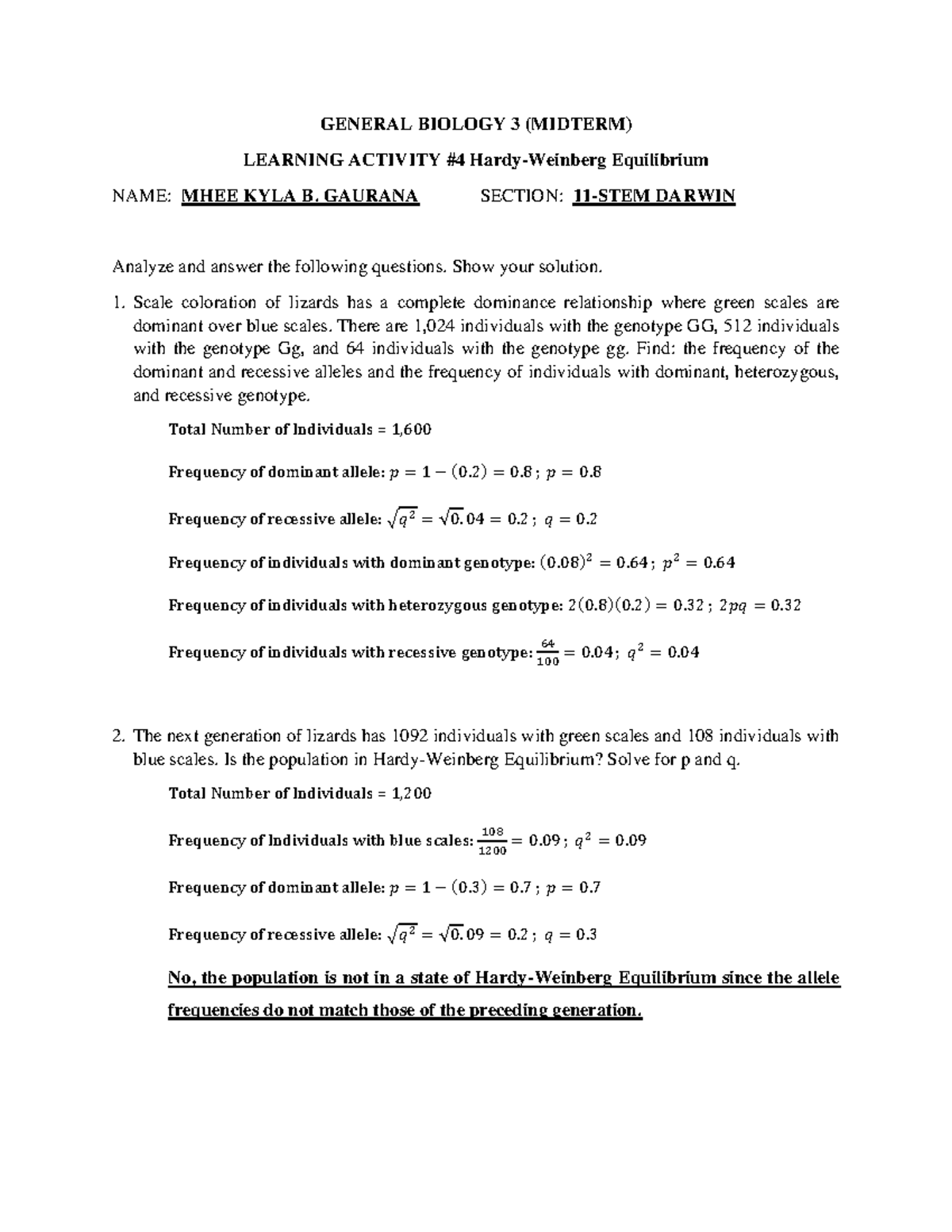 Learning-Activity 4 Gaurana - GENERAL BIOLOGY 3 (MIDTERM) LEARNING ACTIVITY #4 Hardy-Weinberg ...