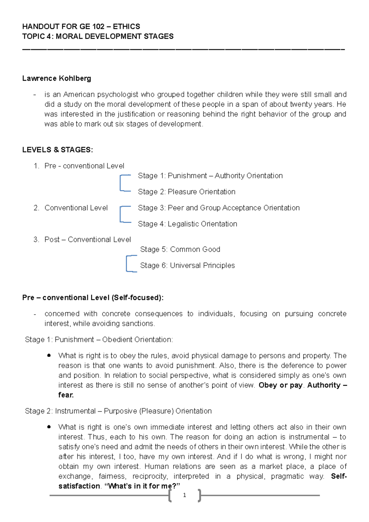 Topic 4 Moral Development Stages - HANDOUT FOR GE 102 – ETHICS TOPIC 4: MORAL DEVELOPMENT STAGES ...