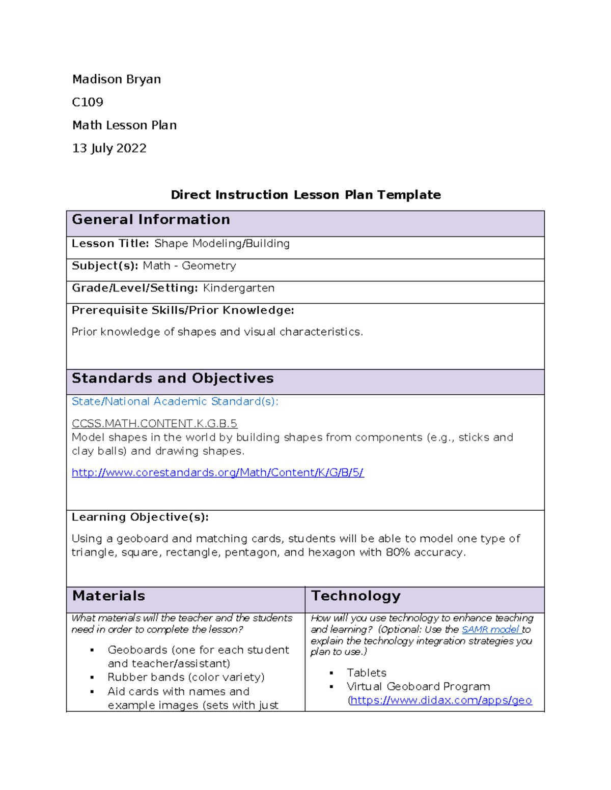 C109 Task Completed - Madison Bryan C Math Lesson Plan 13 July 2022 ...