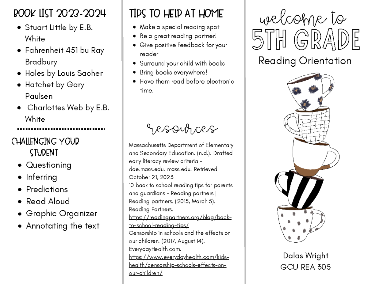 BTS Reading Brochure - Welcome to 5TH GRADE Dalas Wright GCU REA 305 ...
