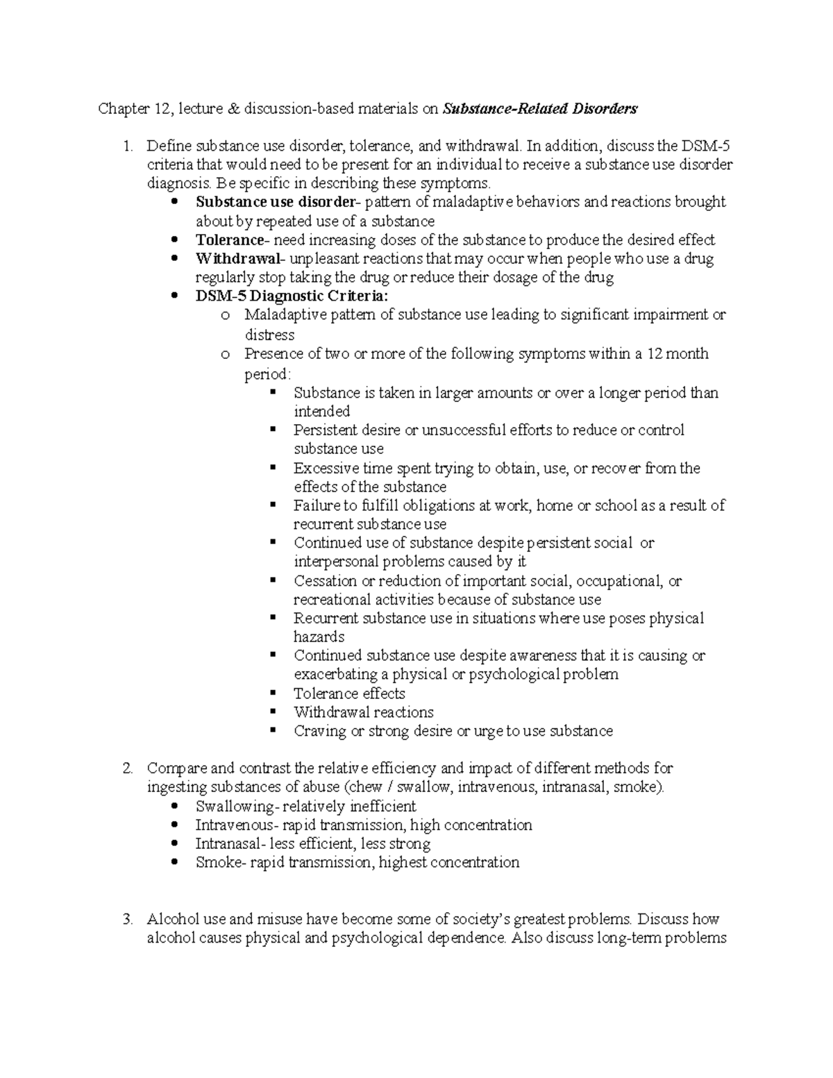 Study questions -Substance Use related disorders - Chapter 12, lecture ...