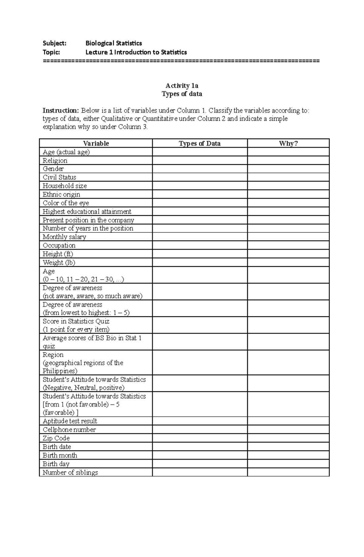 -Template- 1 Activity 1a (types of data) - Subject: Biological ...