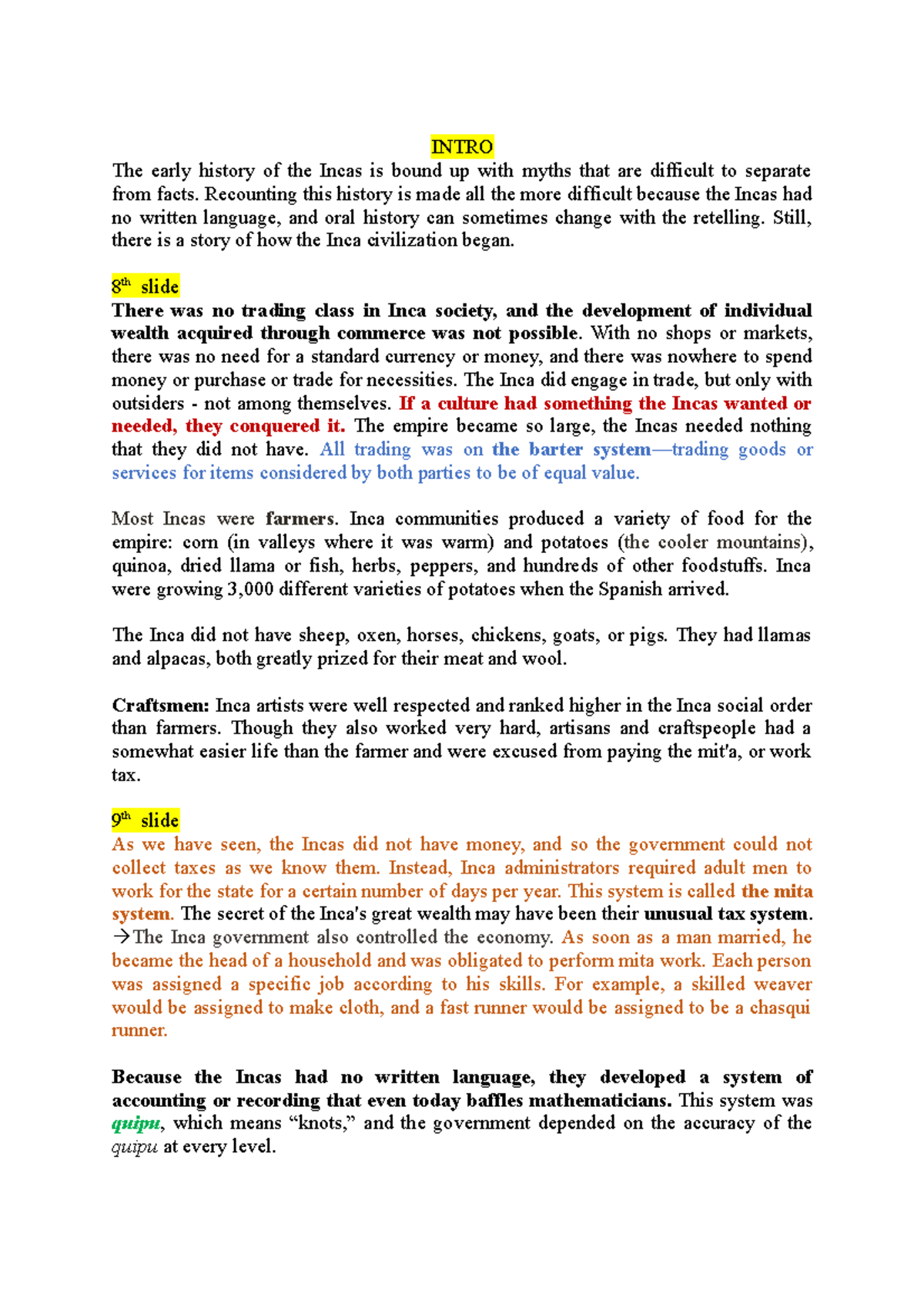 Inca text - vd'glzf;gld'; - INTRO The early history of the Incas is ...