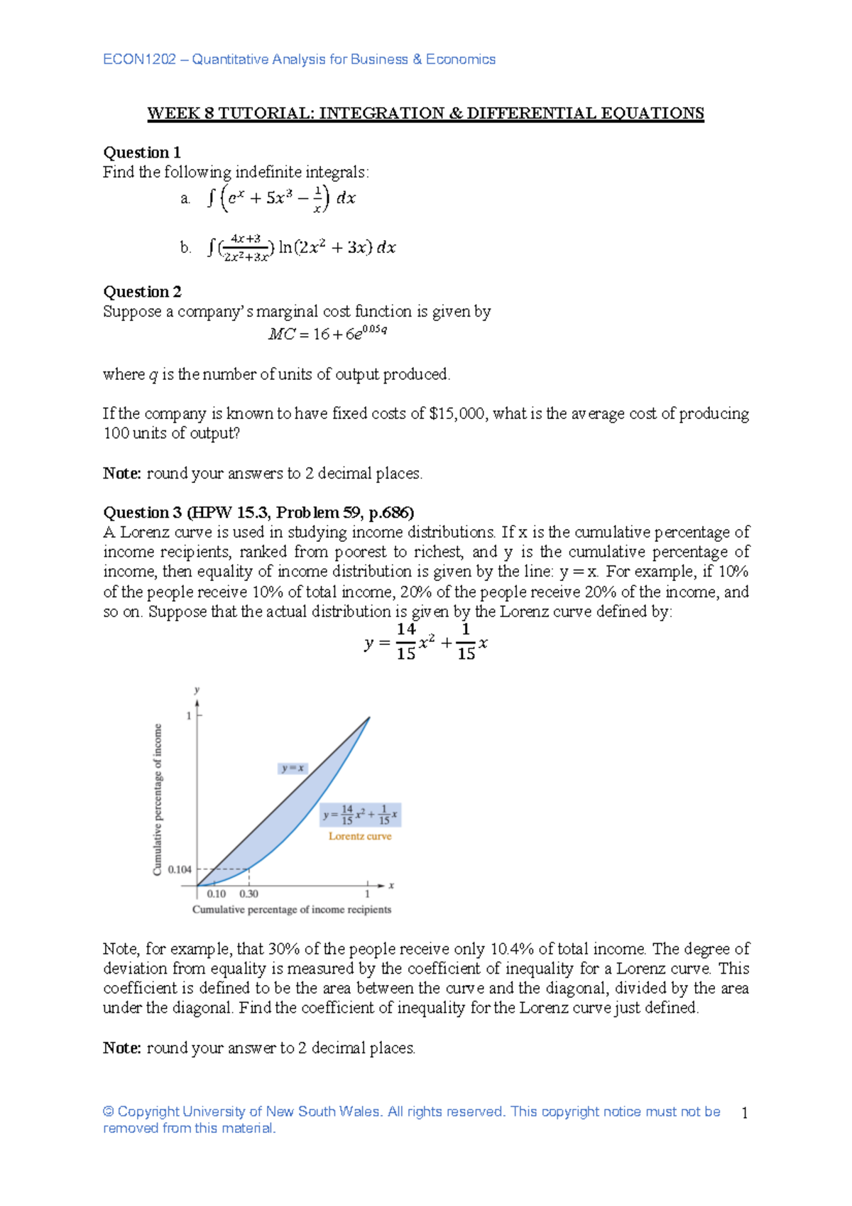 Week 8 Tutorial Questions Econ1202 Quantitative Analysis For