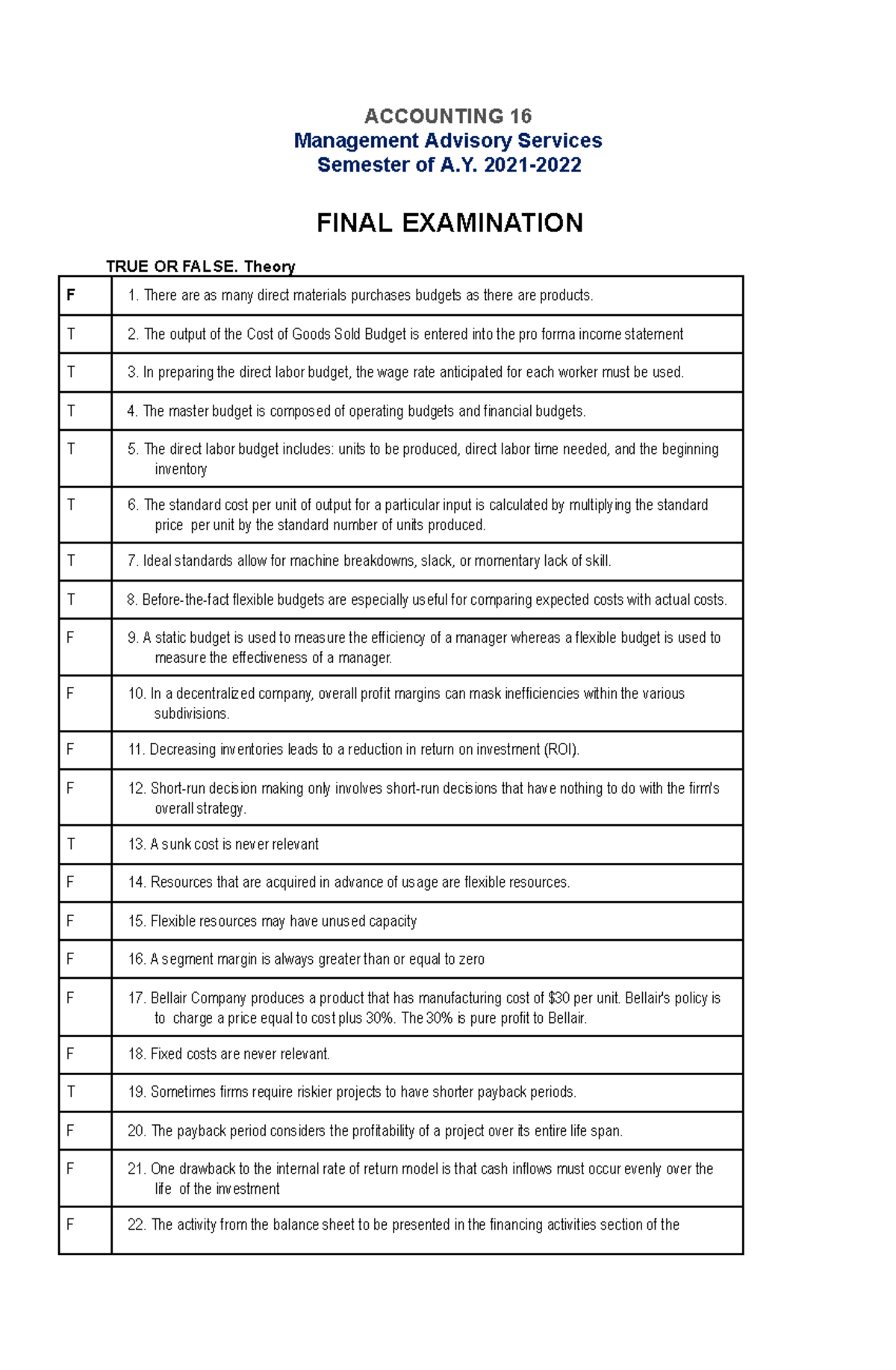 Acctg 16 Final Examination Questionnaire - ACCOUNTING 16 Management Advisory Services Semester ...