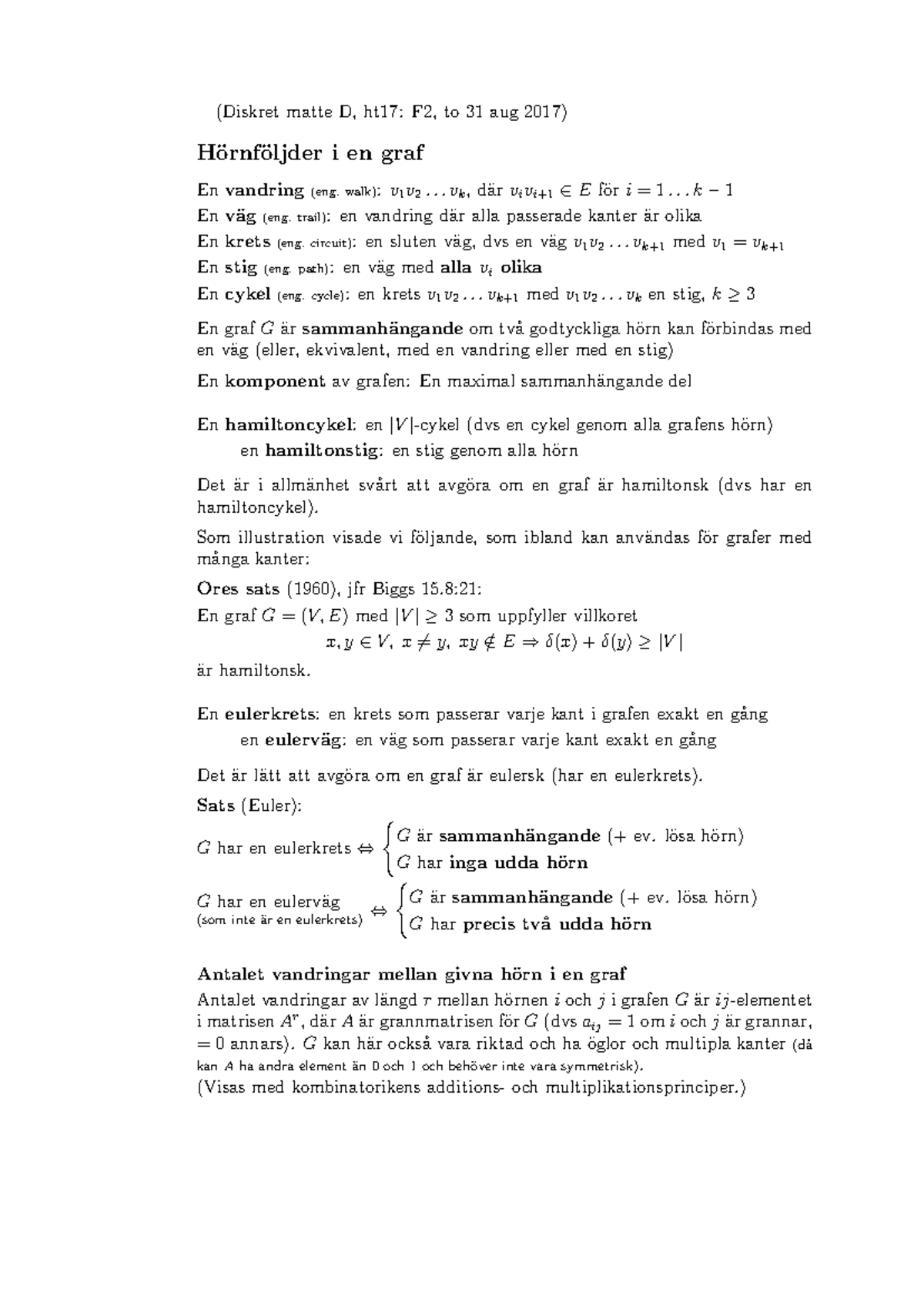 02 Eulerkretsar, Hamiltoncykler, antal vandringar - (Diskret matte D ...