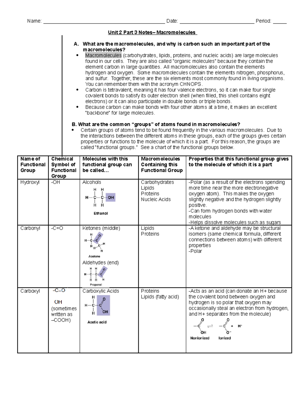 Unit 2 Part 3 Macromolecules Notes - Name ...
