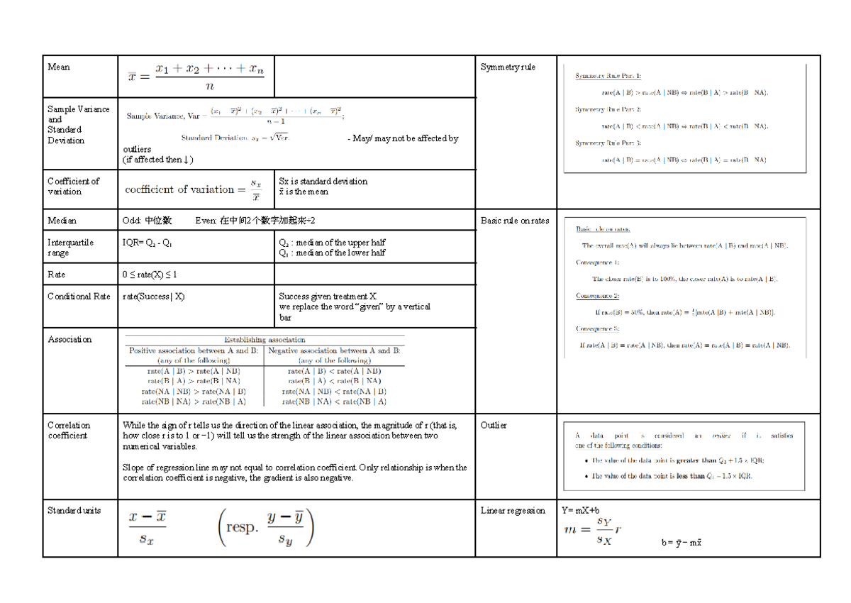 GEA cheatsheet - Mean Symmetry rule Sample Variance and Standard ...