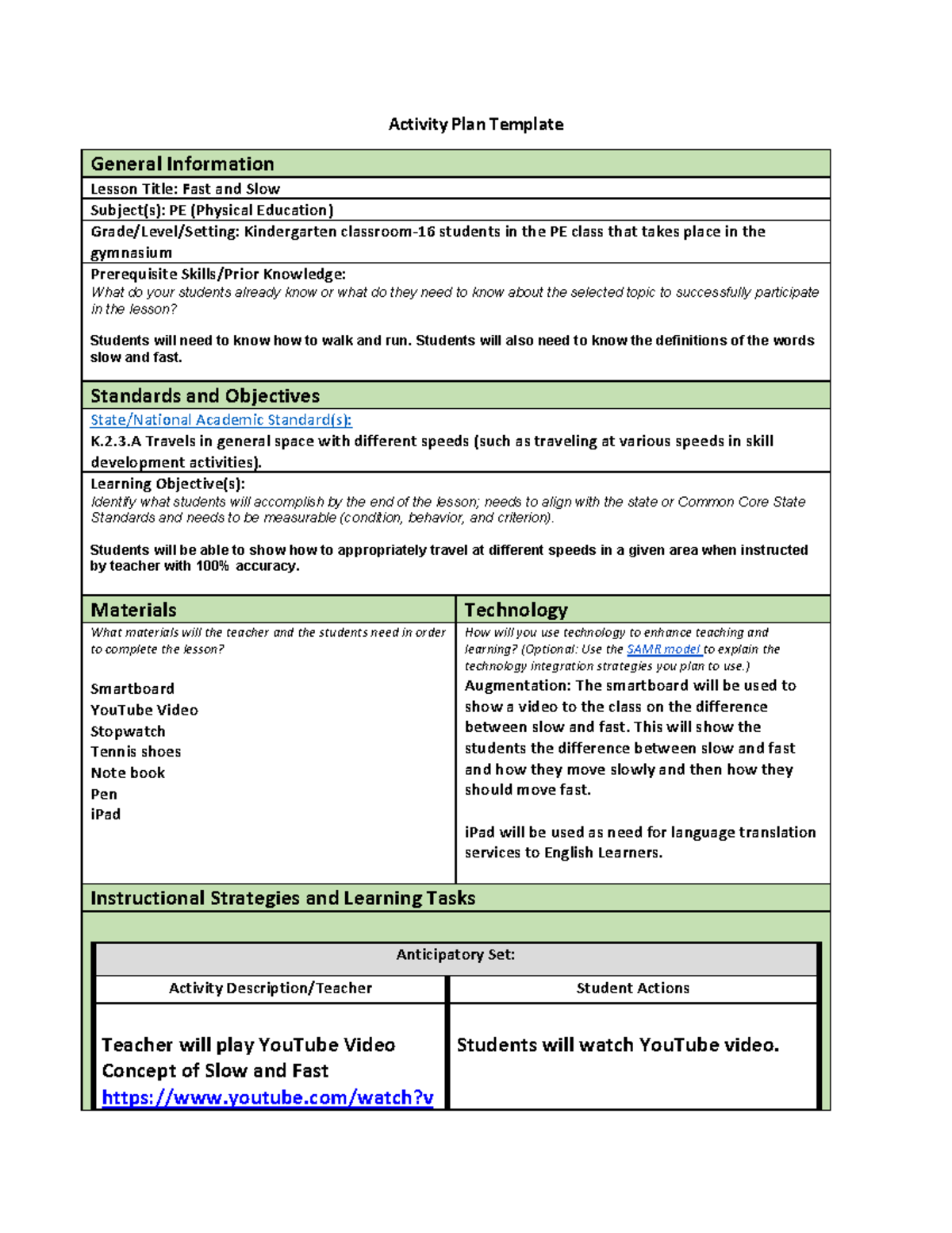 Activity Plan Template - Activity Plan Template General Information ...