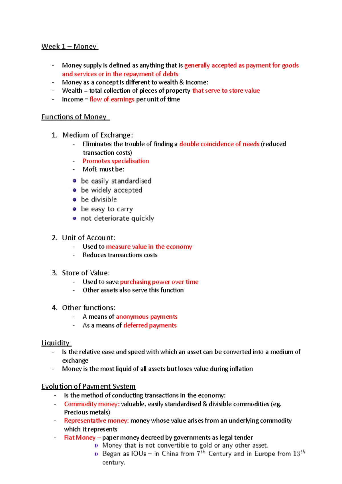 Money & Banking Notes - Week 1 – Money Money supply is defined as ...